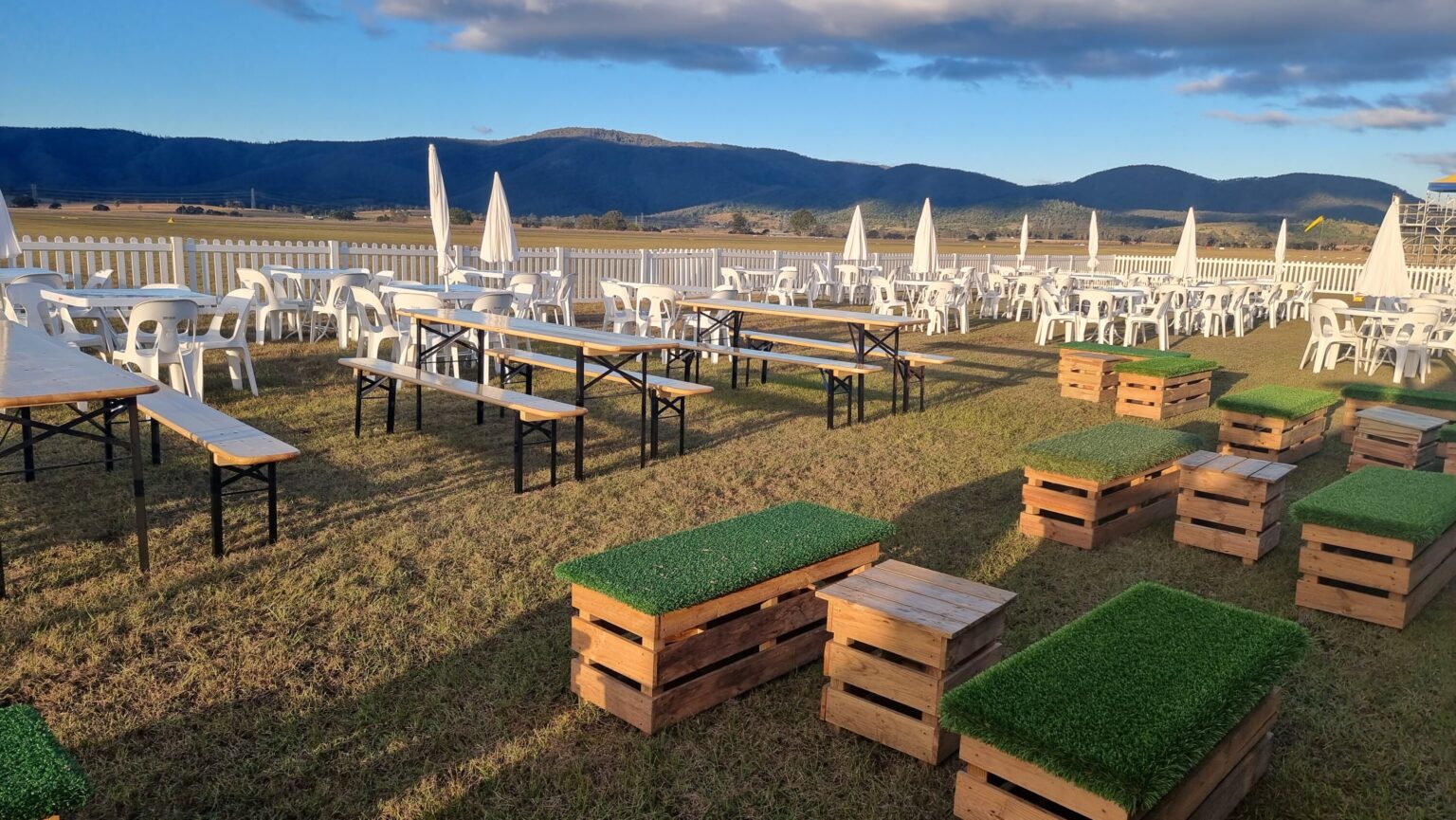 Pallet Bench - Turf Hire from Queensland Hire | Est. 1980